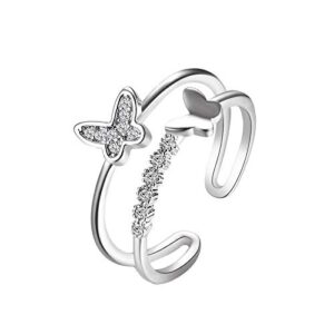 futimely dainty butterfly ring for women silver rose gold double butterfly ring adjustable crystal butterfly knuckle ring (silver)