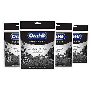 oral-b charcoal infused mint dental floss picks, 75 count, pack of 4