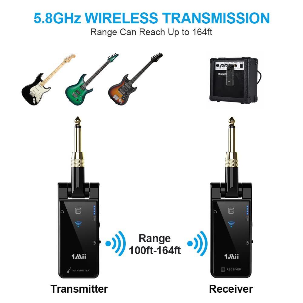 1Mii M2 Wireless Guitar Transmitter Receiver, 5.8GHz Wireless Guitar System Transmitter Receiver for Electronic Guitar Violin Keyboard Rechargeable Transmitter and Receiver for Guitarists Bassists