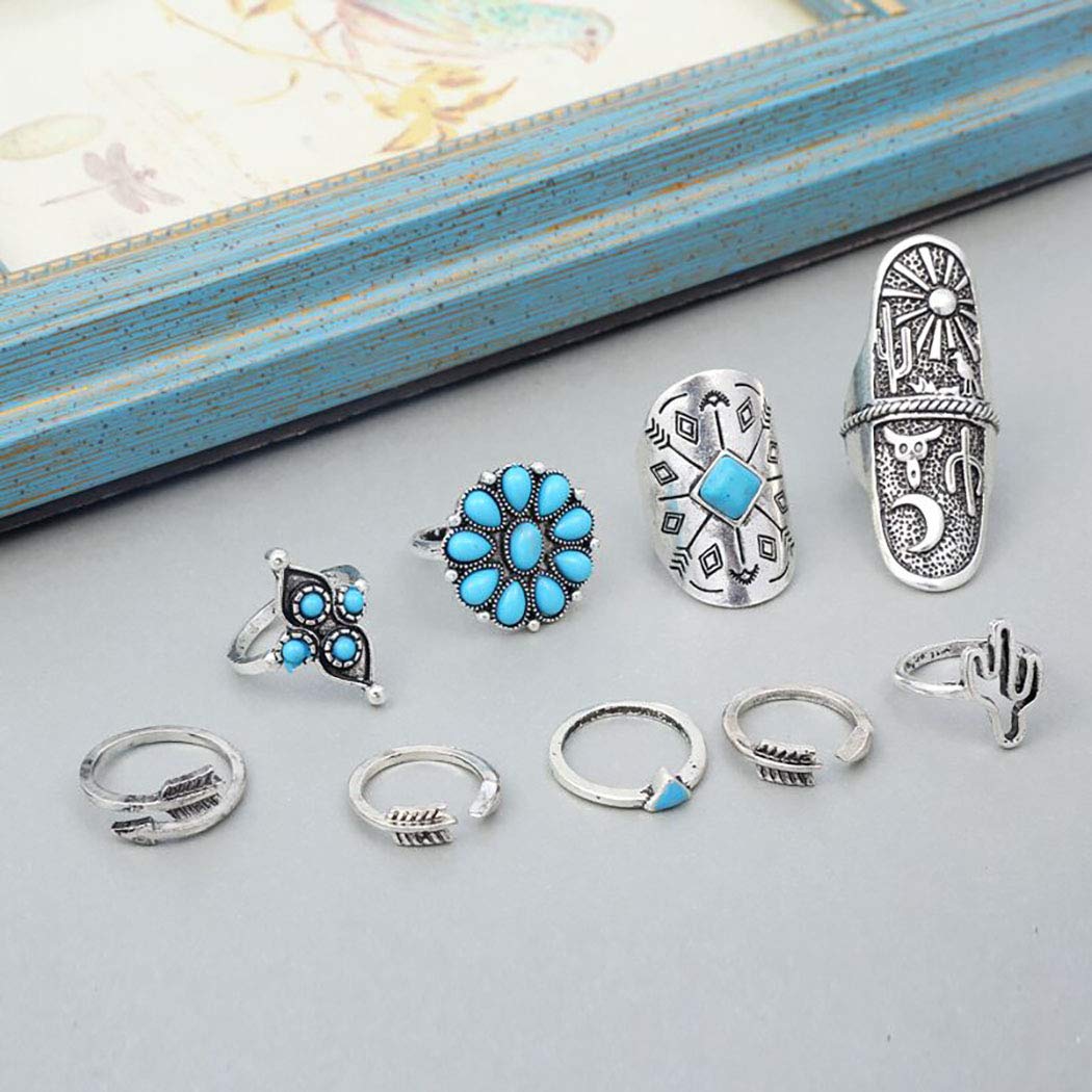 Flosy Vintage Turquoise Finger Rings Set Flower Ring Stackable Joint Midi Knuckle Ring Jewelry for Women and Girls (Silver 5)