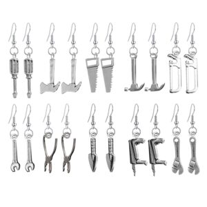 wuweijiajia 10 pairs funny handmade lightweight cute vintage silver tool axe wrench dangle drop earrings sets funky quirky punk spanner earrings for women (10 piece set)