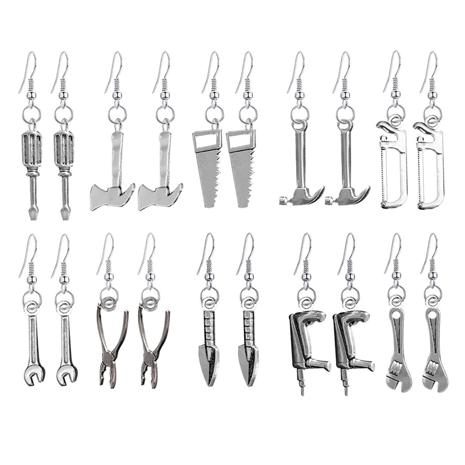 WUWEIJIAJIA 10 Pairs Funny Handmade Lightweight Cute Vintage Silver Tool Axe Wrench Dangle Drop Earrings Sets Funky Quirky Punk Spanner Earrings for Women (10 Piece Set)