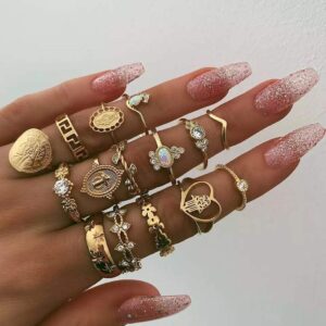 flosy vintage floral finger rings set crystal stackable joint midi knuckle ring jewelry for women and girls (gold 2)