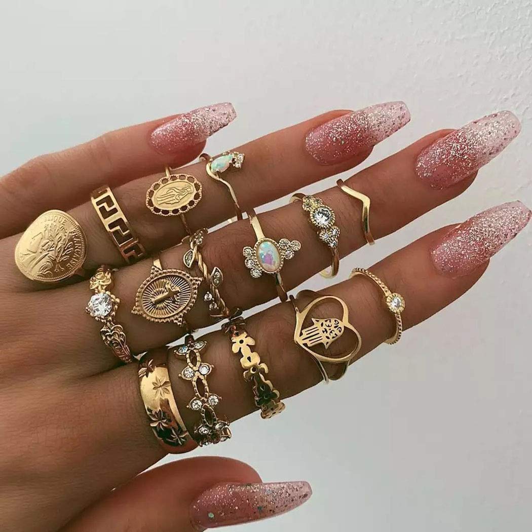 Flosy Vintage Floral Finger Rings Set Crystal Stackable Joint Midi Knuckle Ring Jewelry for Women and Girls (Gold 2)