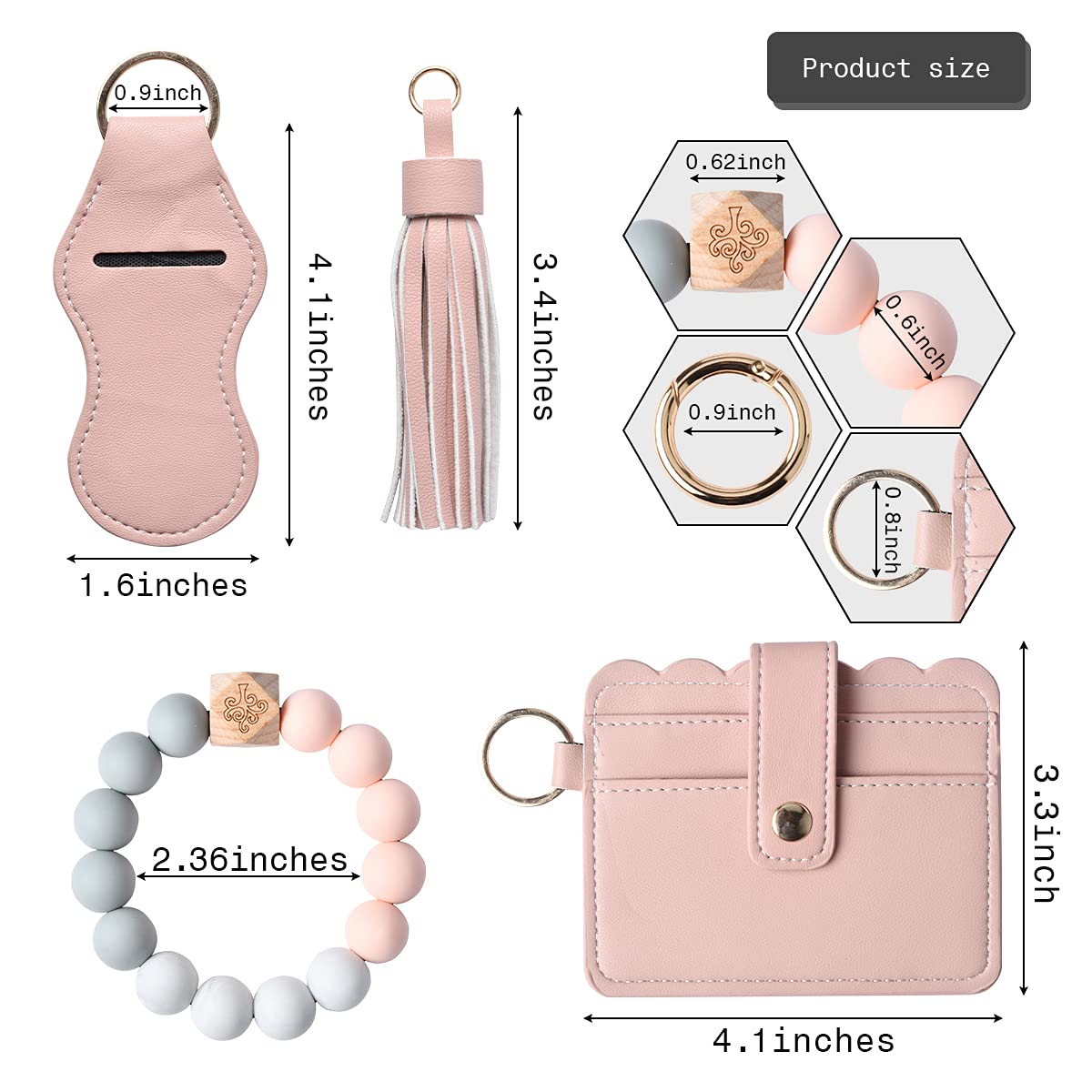 KESOCORAY Women Wristlet Bracelet Keychain Wallet,Silicone Wooden Beaded Bangle Key Ring Tassel Key Chain with Lipstick Holder for Girls(Pink)