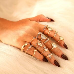 Flosy Vintage Floral Finger Rings Set Crystal Stackable Joint Midi Knuckle Ring Jewelry for Women and Girls (Gold 2)