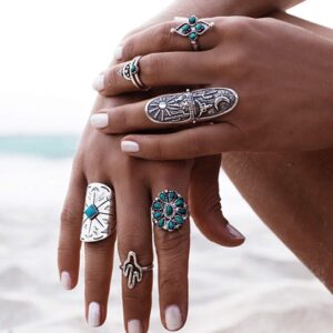 Flosy Vintage Turquoise Finger Rings Set Flower Ring Stackable Joint Midi Knuckle Ring Jewelry for Women and Girls (Silver 5)