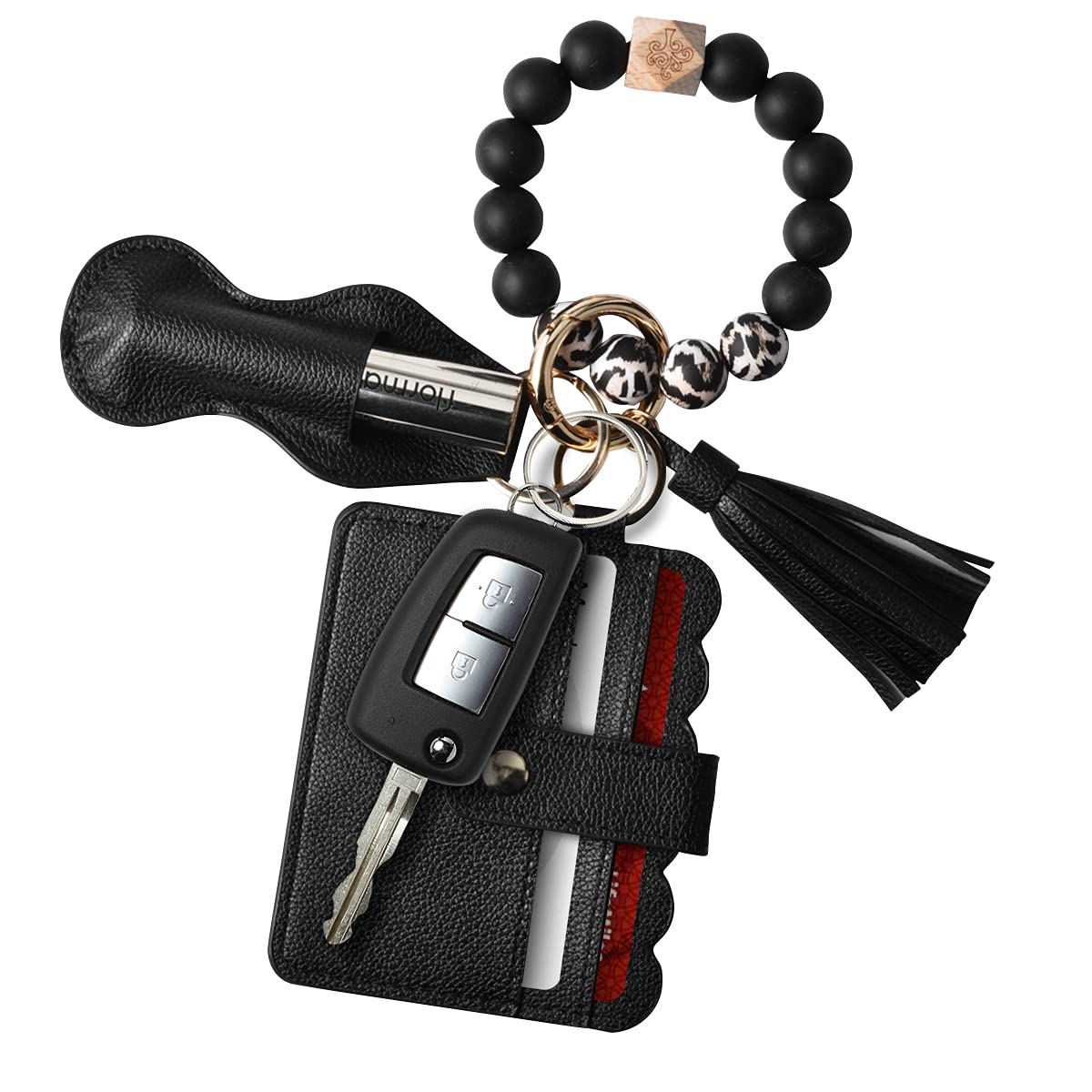 KESOCORAY Women Wristlet Bracelet Keychain Wallet,Silicone Wooden Beaded Bangle Key Ring Tassel Key Chain with Lipstick Holder for Girls(Black)