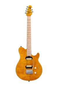 sterling by music man 6 string solid-body electric guitar, right, trans gold (ax3fm-tgo-m1)