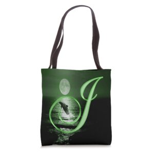 j dolphin green animal ocean moon sea initial letter name tote bag