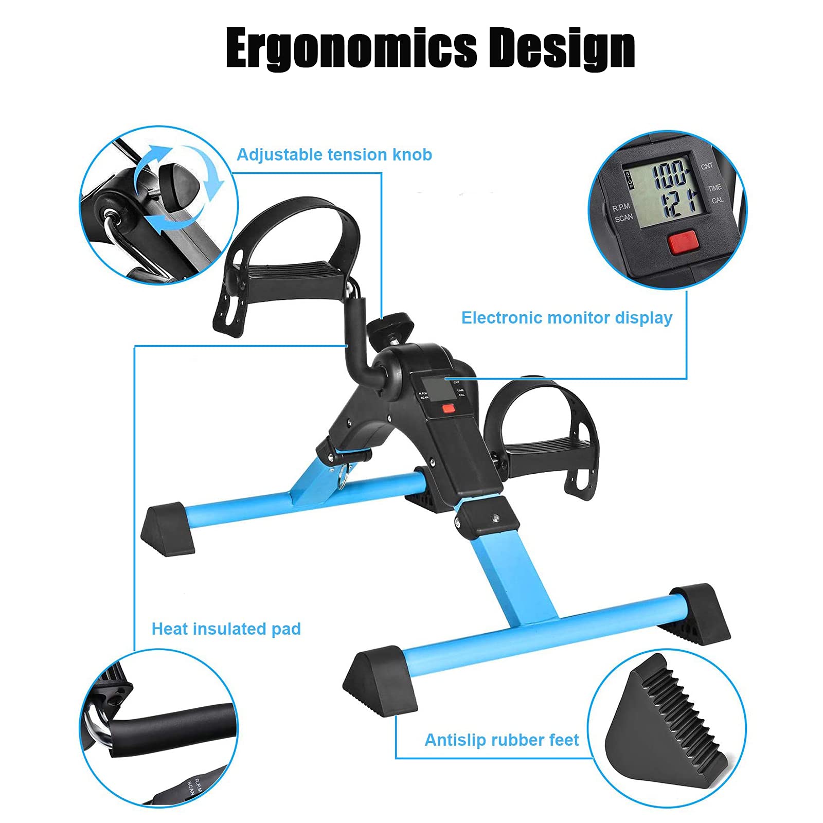 Pedal Exerciser Under Desk Bike with LCD Monitor Resistance for Seniors, Stationary Foldable Mini Exercise Bike Pedals Peddler Exerciser for Arms and Legs for Office or Home (Blue)