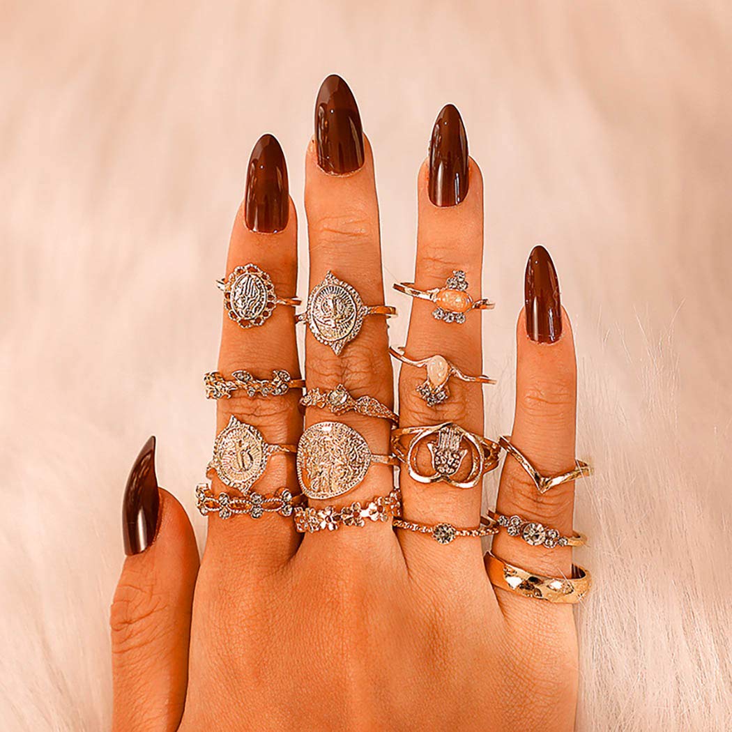 Flosy Vintage Floral Finger Rings Set Crystal Stackable Joint Midi Knuckle Ring Jewelry for Women and Girls (Gold 2)