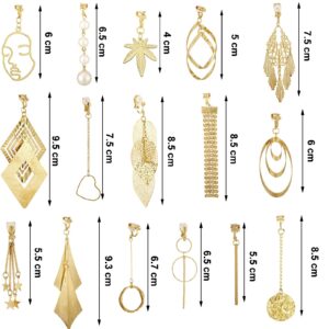 16 Pairs Clip on Drop Dangle Earrings Set Bohemian Tassel Pendant Clip Earrings Gold Plated Ear Clips Non-Piercing Pendant Earrings for Women (Chic Style)