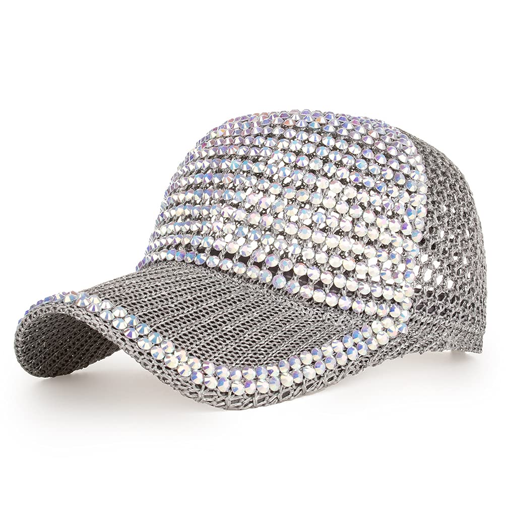 Women Men Studded Rhinestone Crystals Adjustable Ponytail Mesh Baseball Cap Shiny Bling Casual Sports Cap Breathable Sun Hat