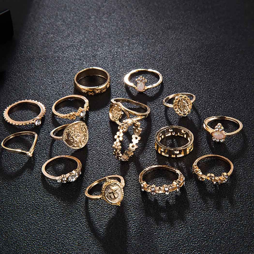 Flosy Vintage Floral Finger Rings Set Crystal Stackable Joint Midi Knuckle Ring Jewelry for Women and Girls (Gold 2)