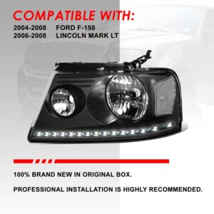 Auto Dynasty LED DRL Headlights Assembly Compatible with Lincoln Mark LT 2006-2008 Ford F-150 2004 2005 2006 2007 2008, Driver and Passenger Side, Black Housing Clear Lens