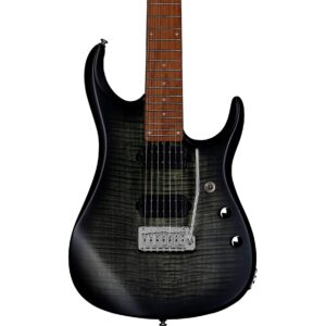 sterling by music man 7 string solid-body electric guitar, right, trans black satin (jp157fm-tbks)