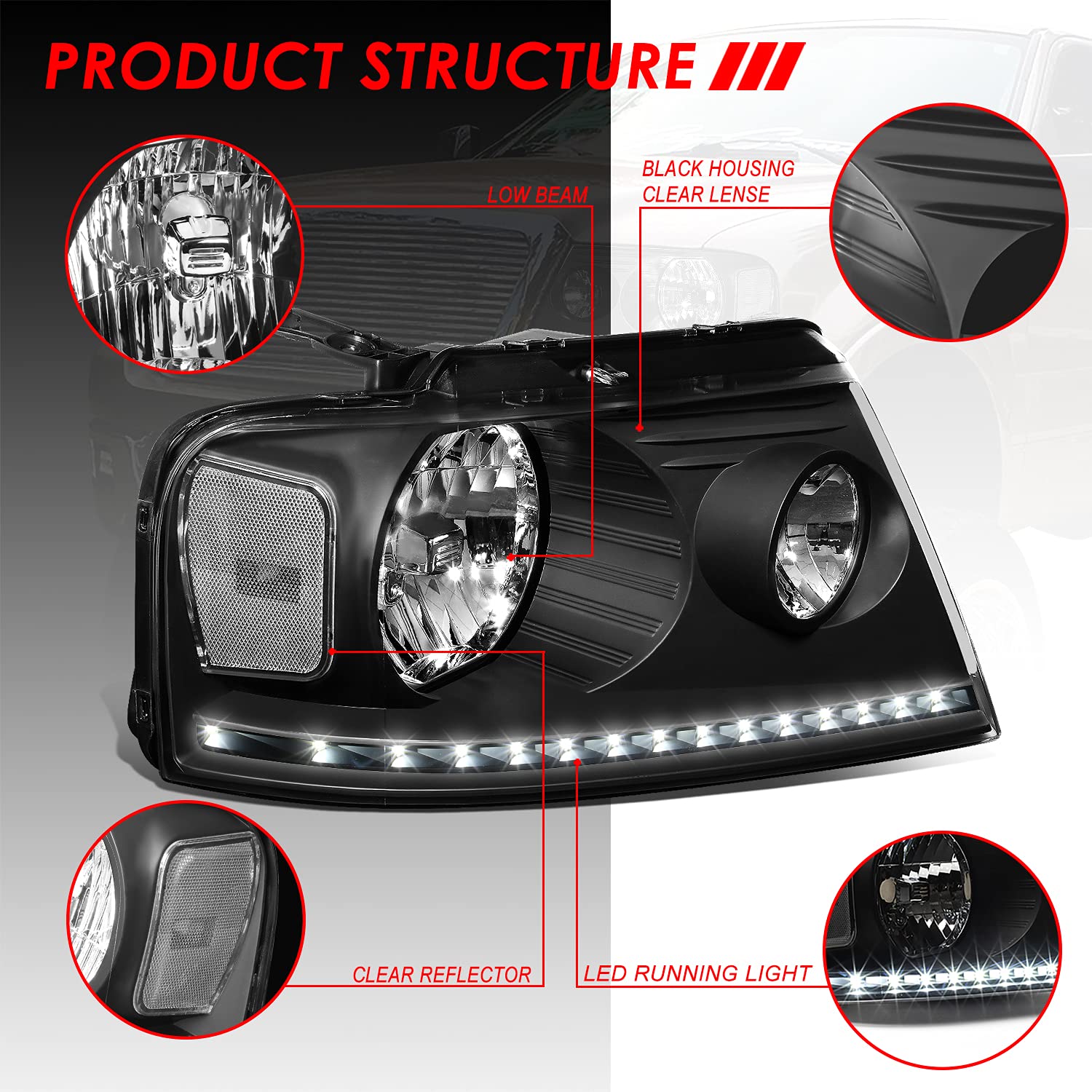 Auto Dynasty LED DRL Headlights Assembly Compatible with Lincoln Mark LT 2006-2008 Ford F-150 2004 2005 2006 2007 2008, Driver and Passenger Side, Black Housing Clear Lens