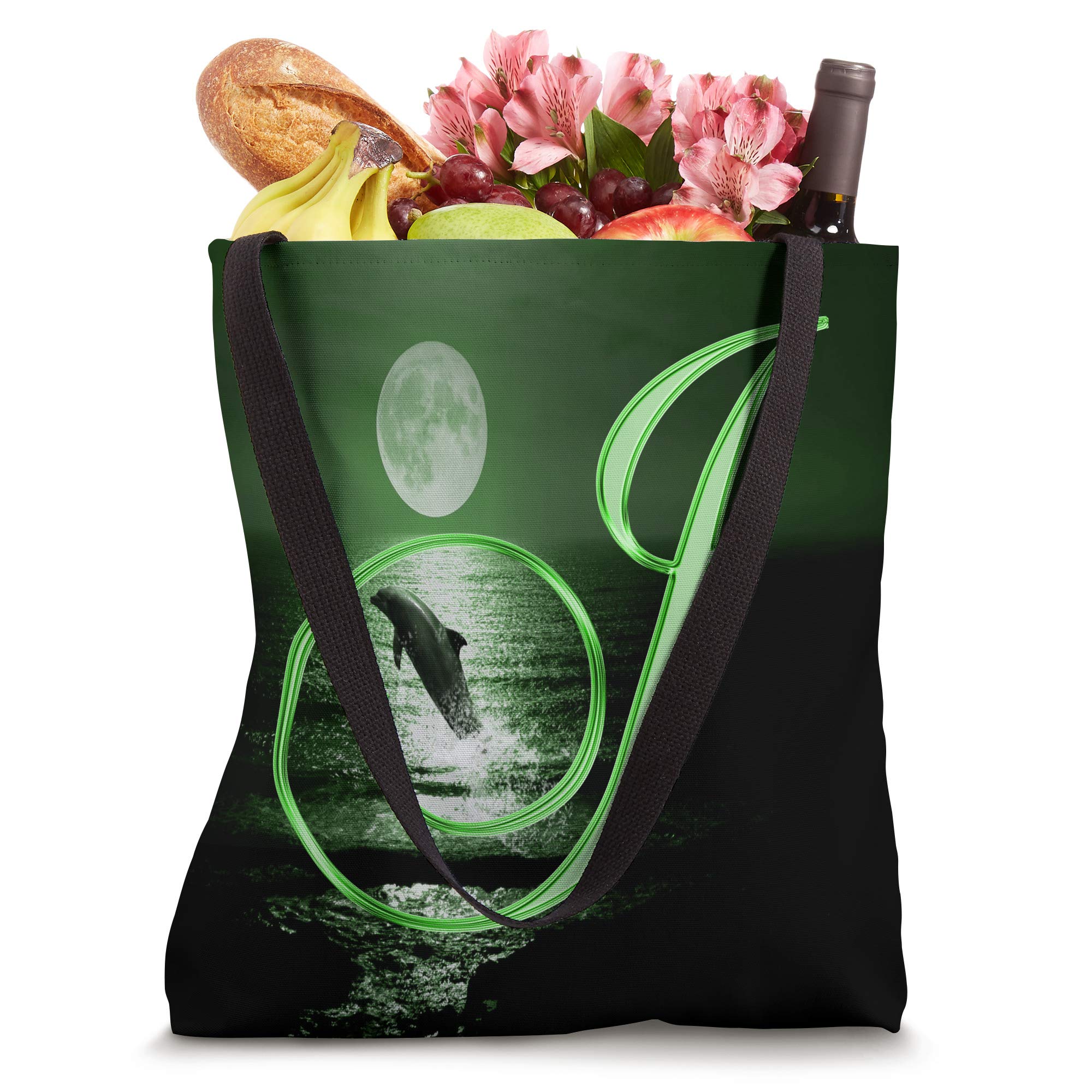 J Dolphin Green Animal Ocean Moon Sea Initial Letter Name Tote Bag