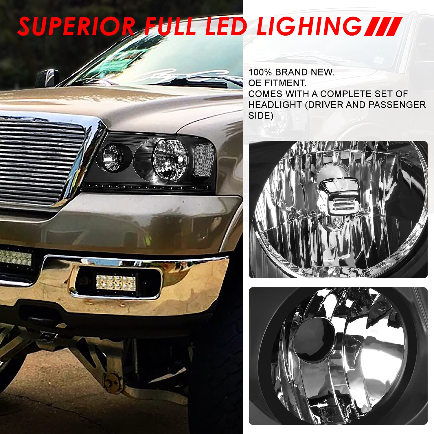 Auto Dynasty LED DRL Headlights Assembly Compatible with Lincoln Mark LT 2006-2008 Ford F-150 2004 2005 2006 2007 2008, Driver and Passenger Side, Black Housing Clear Lens