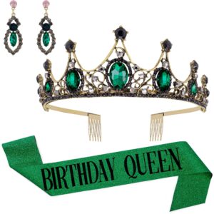 zipoka birthday queen birthday sash for women - premium rhinestone birthday tiara crown & earring kit - birthday crowns for women - girls happy birthday sash and tiara for women (sparkle green)