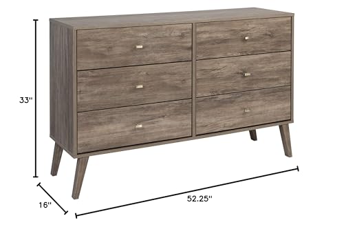 Prepac Milo 6-Drawer Dresser, Drifted Gray & Milo 2-Drawer Tall Nightstand with Open Shelf, Drifted Gray