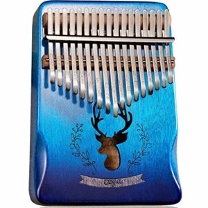 tienclef kalimba thumb piano 17 keys with engraved notes deer pattern handhold cute finger piano mabogany solid wood portable musical instrument with music book for kids adult beginner (gradual blue)