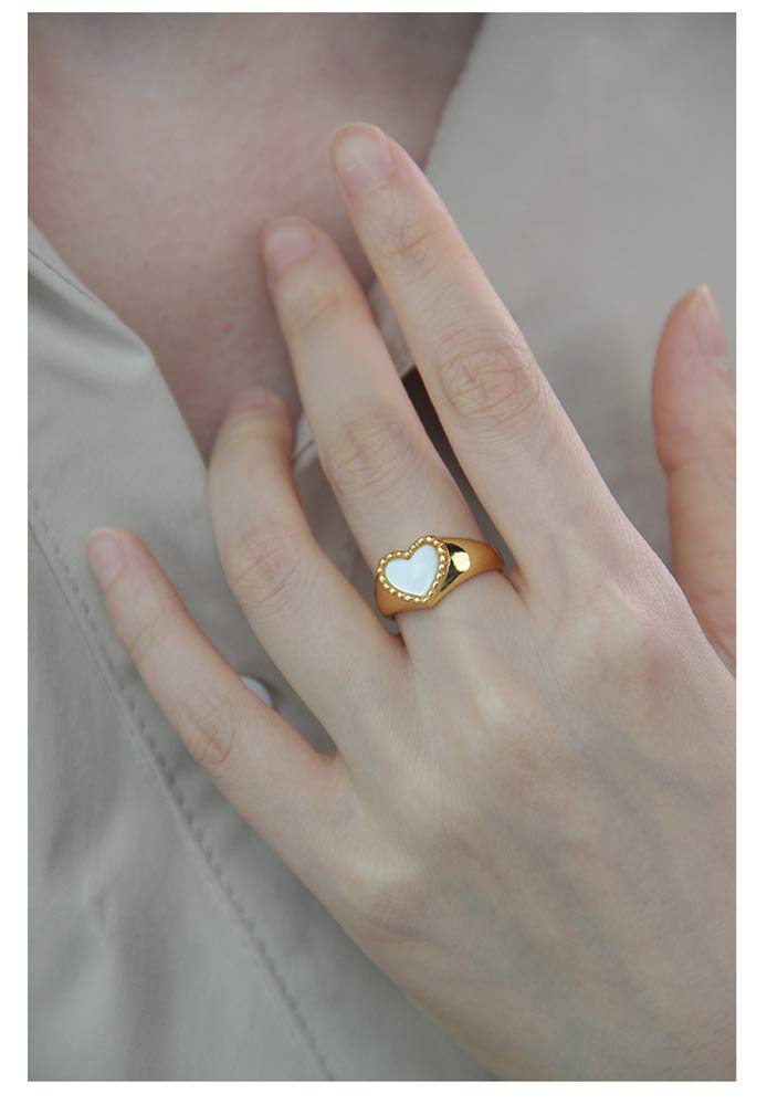 Vintage Heart S925 Sterling Silver Ring for Women Dainty Engagement Promise Love Expandable Open Finger Statement Stacking Rings Adjustable Fashion Valentine Mother's Day Shell Pearl Gold