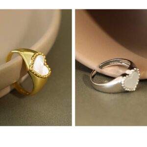 Vintage Heart S925 Sterling Silver Ring for Women Dainty Engagement Promise Love Expandable Open Finger Statement Stacking Rings Adjustable Fashion Valentine Mother's Day Shell Pearl Gold