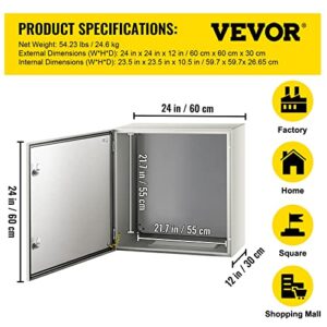 VEVOR NEMA Steel Enclosure, 24 x 24 x 12'' NEMA 4X Steel Electrical Box, IP66 Waterproof & Dustproof, Outdoor/Indoor Electrical Junction Box, with Mounting Plate