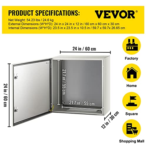 VEVOR NEMA Steel Enclosure, 24 x 24 x 12'' NEMA 4X Steel Electrical Box, IP66 Waterproof & Dustproof, Outdoor/Indoor Electrical Junction Box, with Mounting Plate