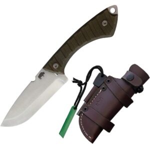 lord & field frontiersman fixed blade survival knife 1095hc steel 4.5" satin plain blade - modified scandi grind - green micarta handle leather sheath & ferro rod