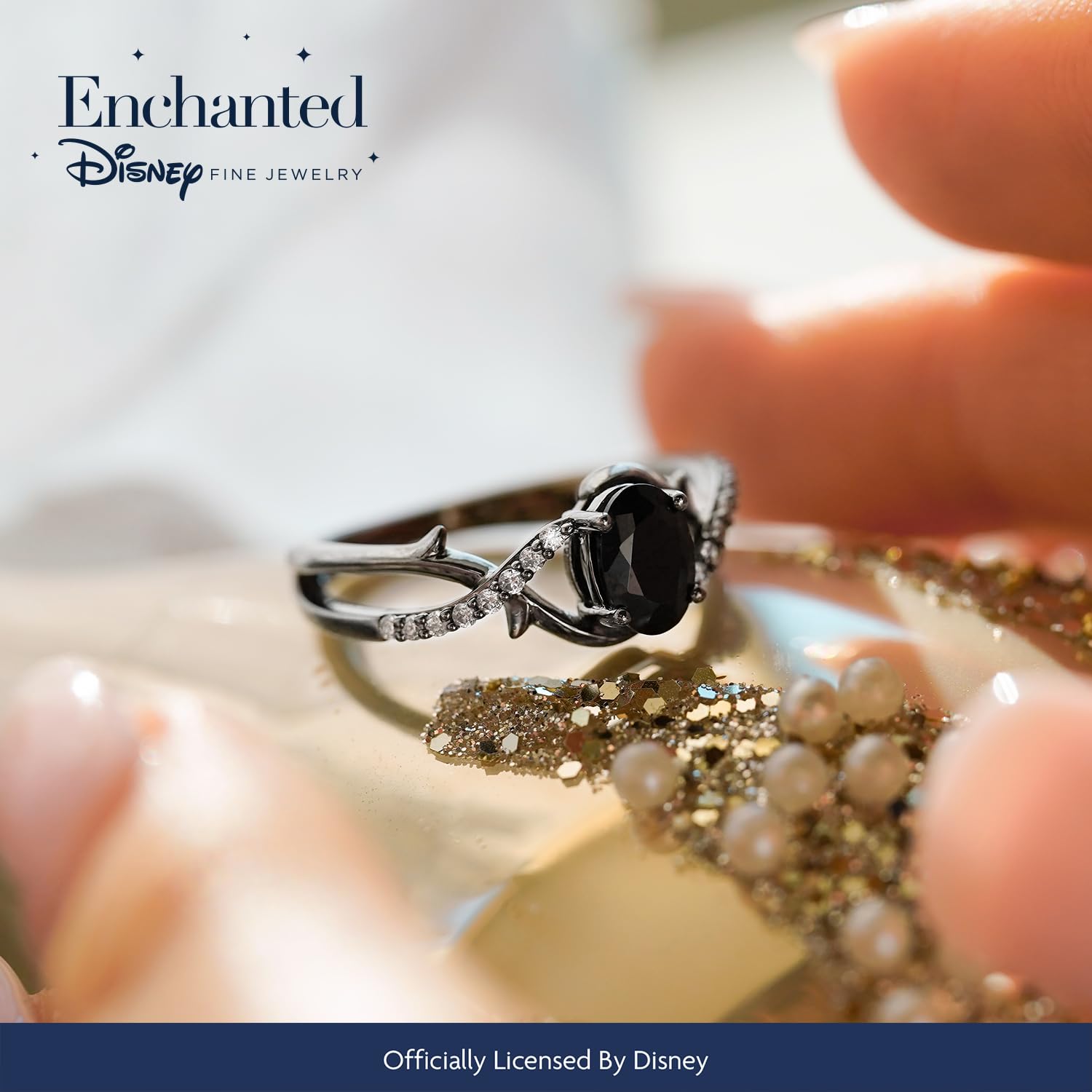 Jewelili Enchanted Disney Fine Jewelry Black Rhodium Over Sterling Silver 7x5MM Oval Black Onyx and 1/10 Cttw Diamonds Maleficent Ring, Size 6