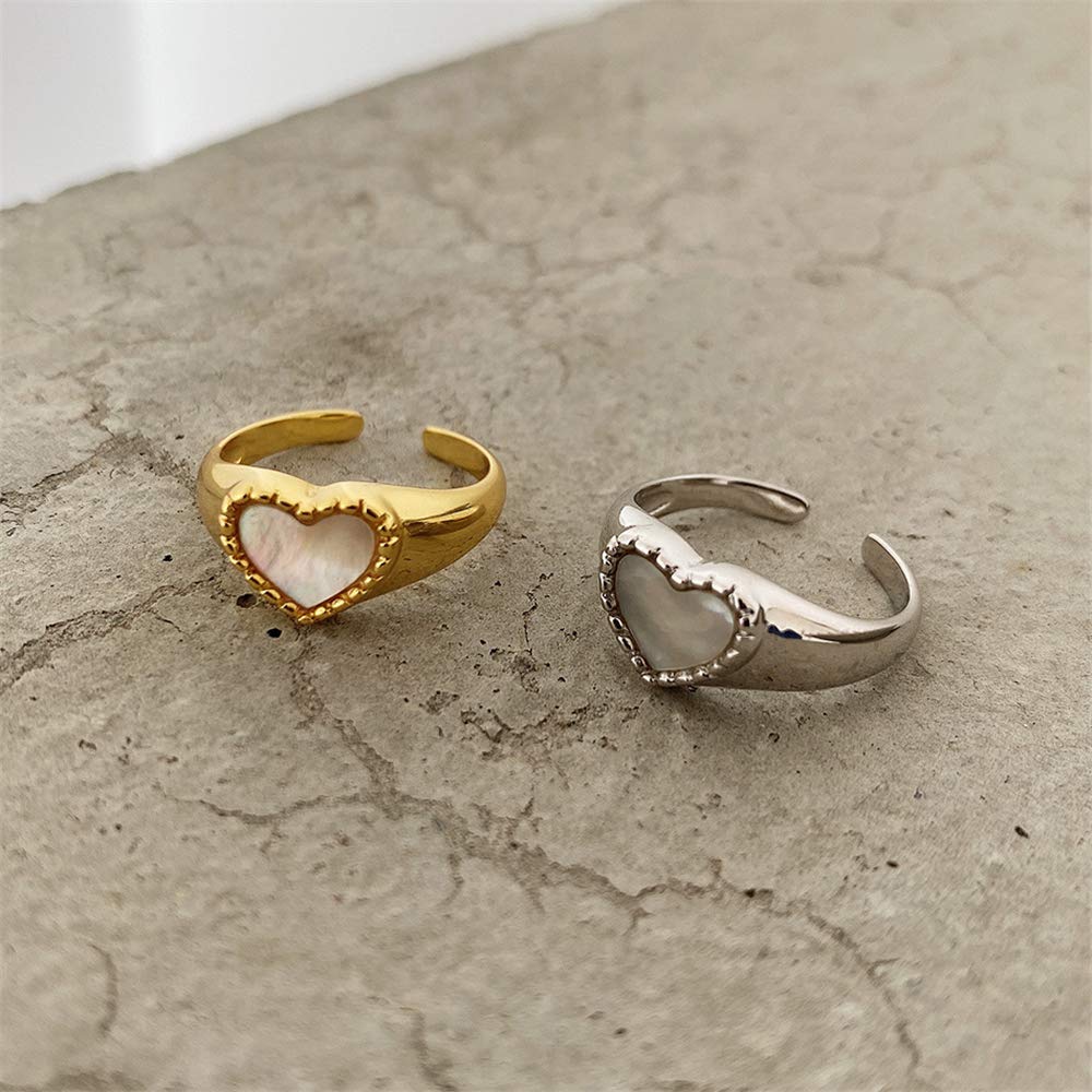 Vintage Heart S925 Sterling Silver Ring for Women Dainty Engagement Promise Love Expandable Open Finger Statement Stacking Rings Adjustable Fashion Valentine Mother's Day Shell Pearl Gold