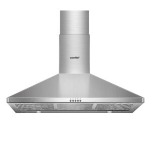 comeee" cvp36w6ast 36 inch ducted pyramid range 450 cfm stainless steel wall mount vent hood with 3 speed exhaust fan, 5-layer aluminum permanent filters, two led lights, convertible to ductless