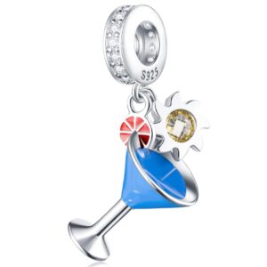 cocktail wine glass cup charm, with blue enamel, fits pandora travel bracelet, 925 sterling silver summer beach sun cold lemon drink dangle beads, gift for mom/daughter