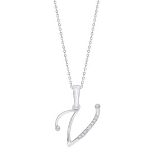 elmas 925 sterling silver round white diamond letter v alphabet initial pendant for women with 18+2 inch cable chain