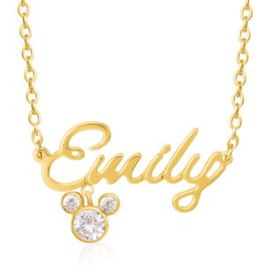 mickey mouse personalized necklace - 14k gold over sterling silver name necklace personalized, customized name jewelry, cz mickey icon - script font custom pendant