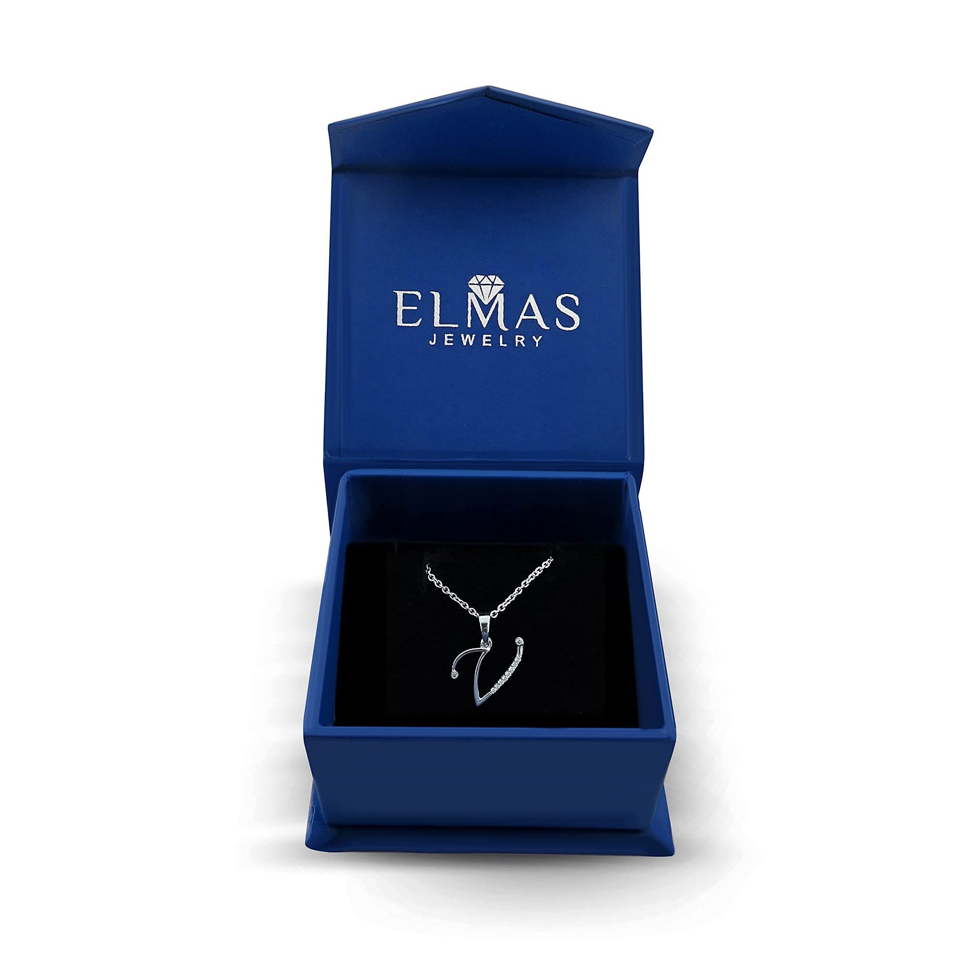 Elmas 925 Sterling Silver Round White Diamond Letter V Alphabet Initial Pendant for Women with 18+2 Inch Cable Chain