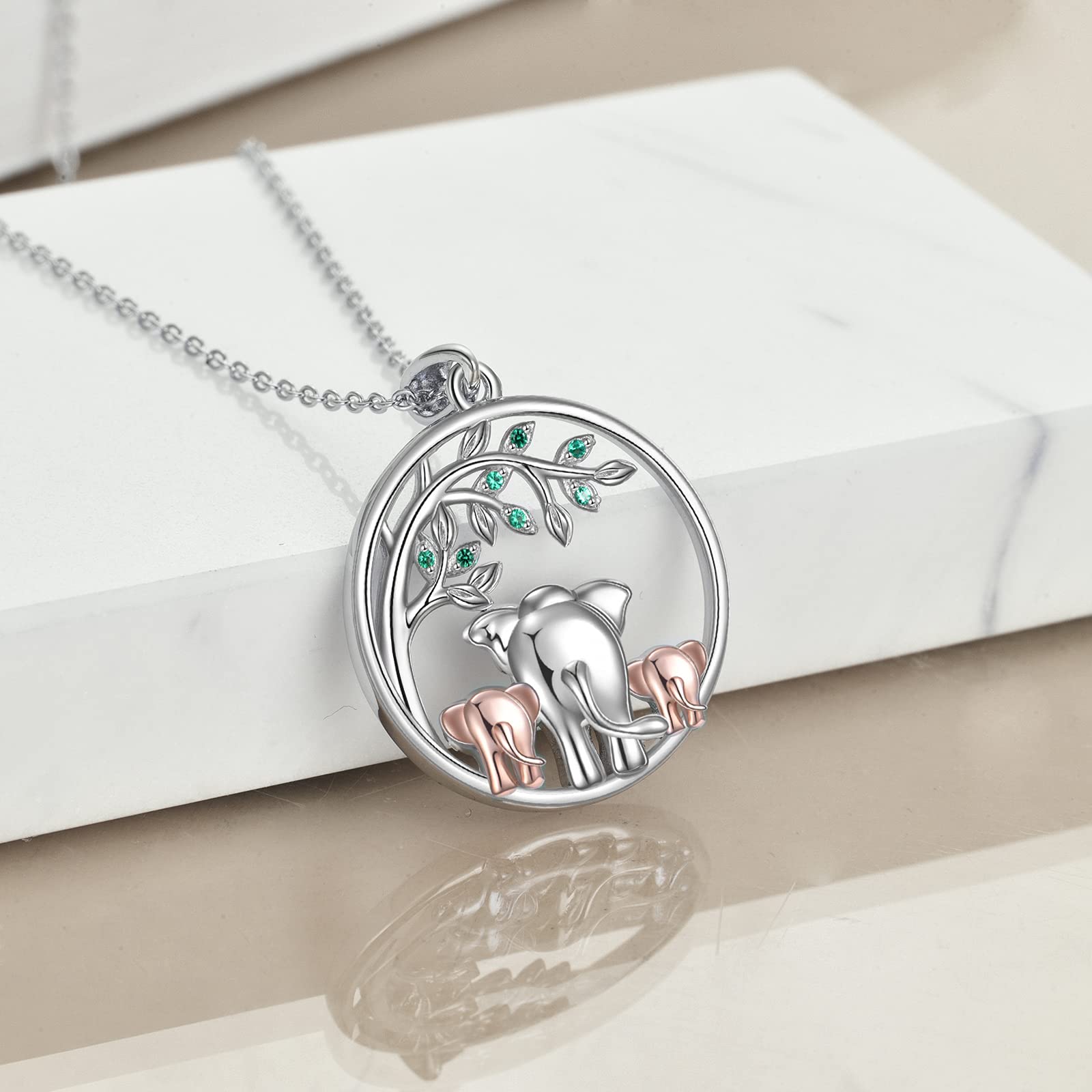 POPLYKE Mom and Baby Elephant Women's Necklace Sterling Silver Elephant Family Sterling Silver Three Elephants Tree of Life Necklace Daughter Husband Gift for Mom