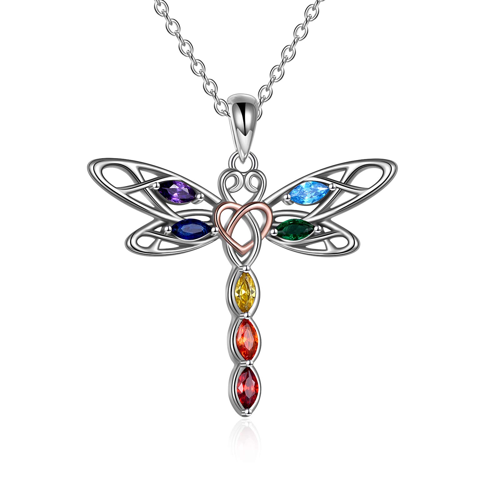 POPLYKE Dragonfly 7 Chakra Necklace for Women Sterling Silver Celtic Dragonfly Pendant Necklace Jewelry Mother Birthday Mom Gifts for Mom Wife