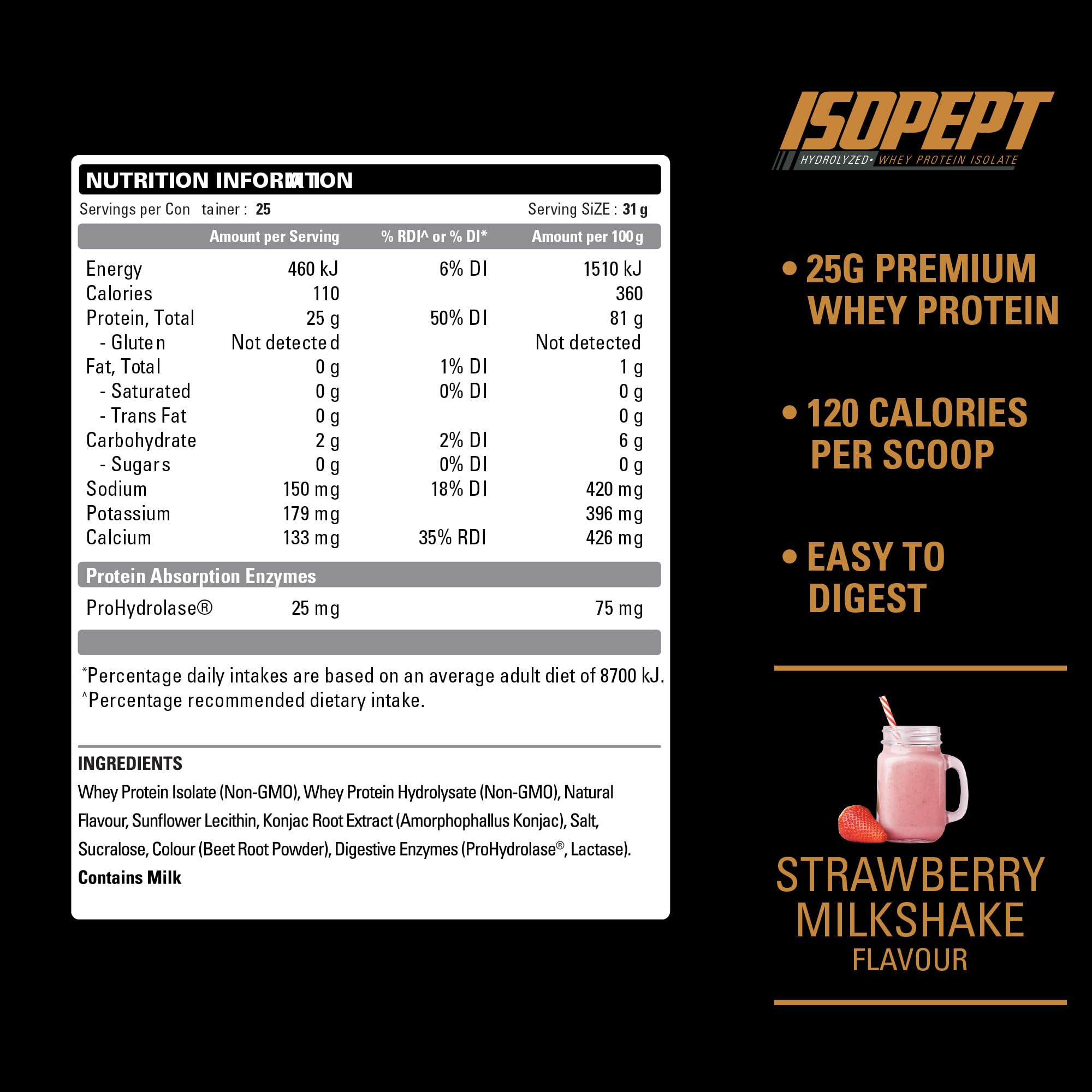 IsoPept Hydrolyzed Whey Protein Powder by EHPlabs - 100% Whey Protein Isolate & Hydrolysate, 27g of Protein, Non-GMO, Gluten Free, Fast Absorbing, Easy Digesting, 27 Serves (Strawberry Milkshake)