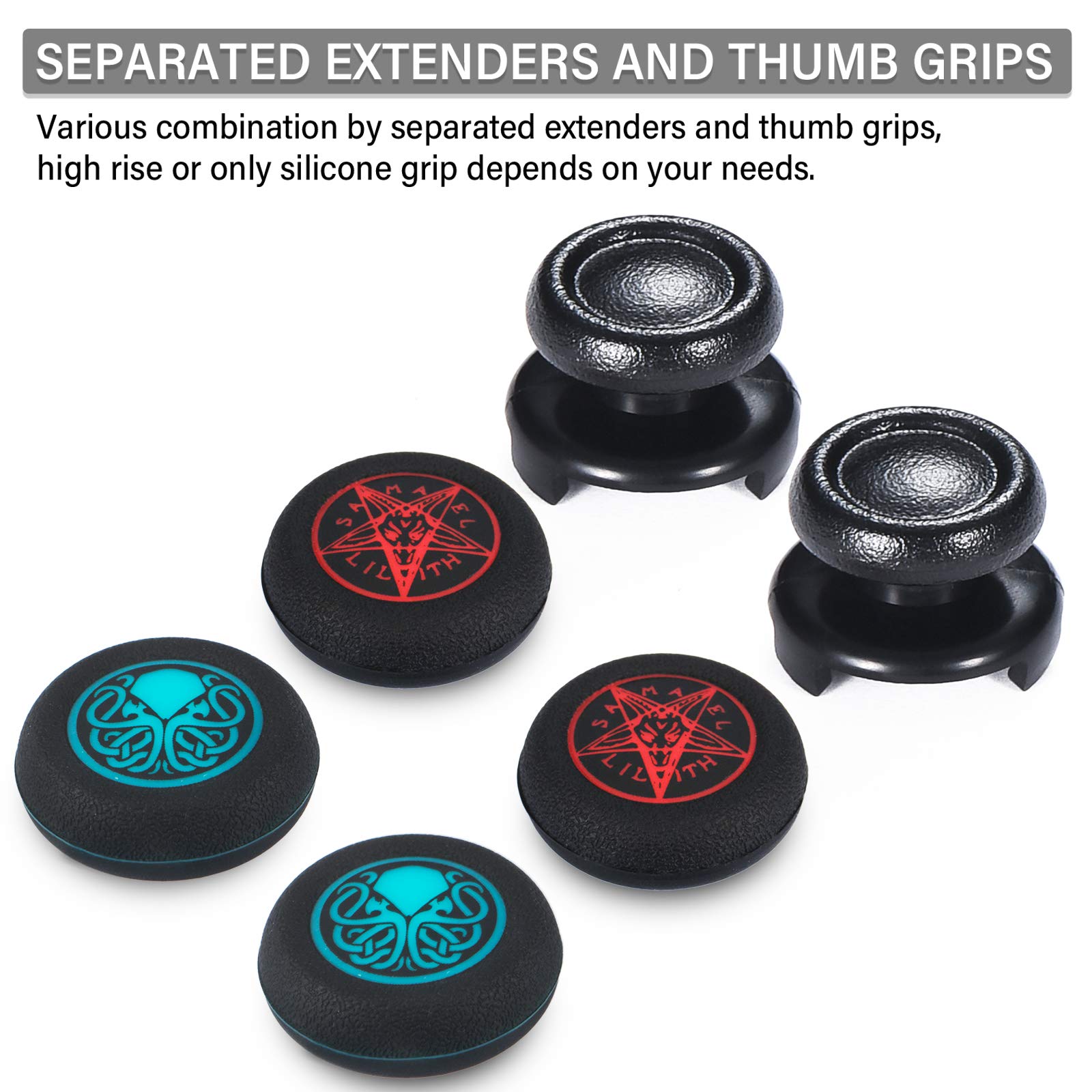 Playrealm FPS Thumbstick Extender x 2 & Printing Rubber Silicone Grip Cover x 4 for PS5 Dualsenese & PS4 Controller (Cthulhu Abyss Blue&Demon Circle)