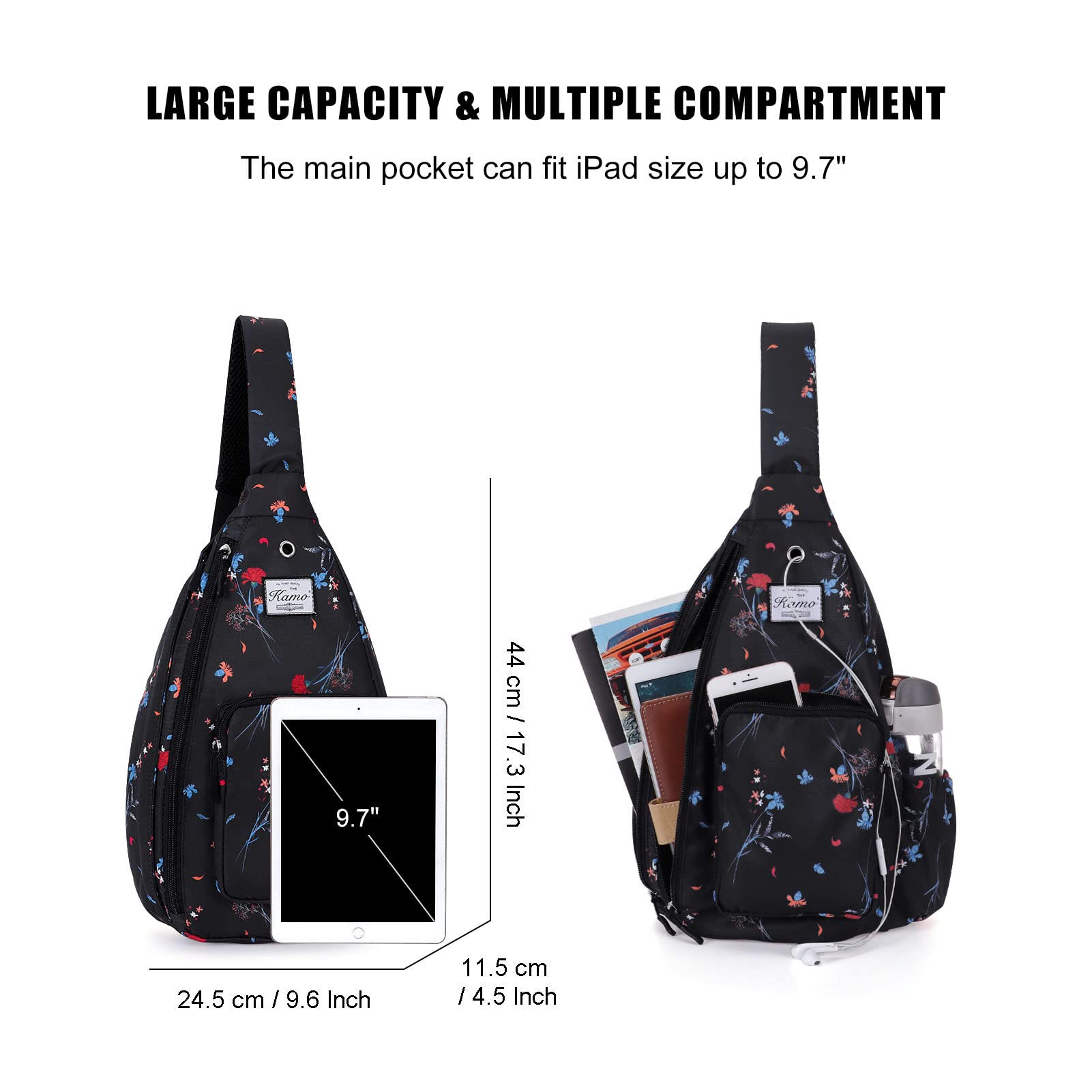 Kamo Sling Backpack Chest Shoulder Bag Crossbody Cycling Travel Hiking Daypack for Men Women With Earphone Hole