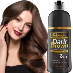 kilomets dark brown hair color dye shampoo, 400ml - 100% grey coverage in minutes, ammonia free - gray silver hair dye shampoo