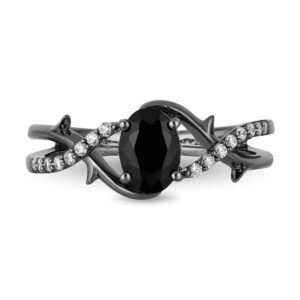 Jewelili Enchanted Disney Fine Jewelry Black Rhodium Over Sterling Silver 7x5MM Oval Black Onyx and 1/10 Cttw Diamonds Maleficent Ring, Size 6