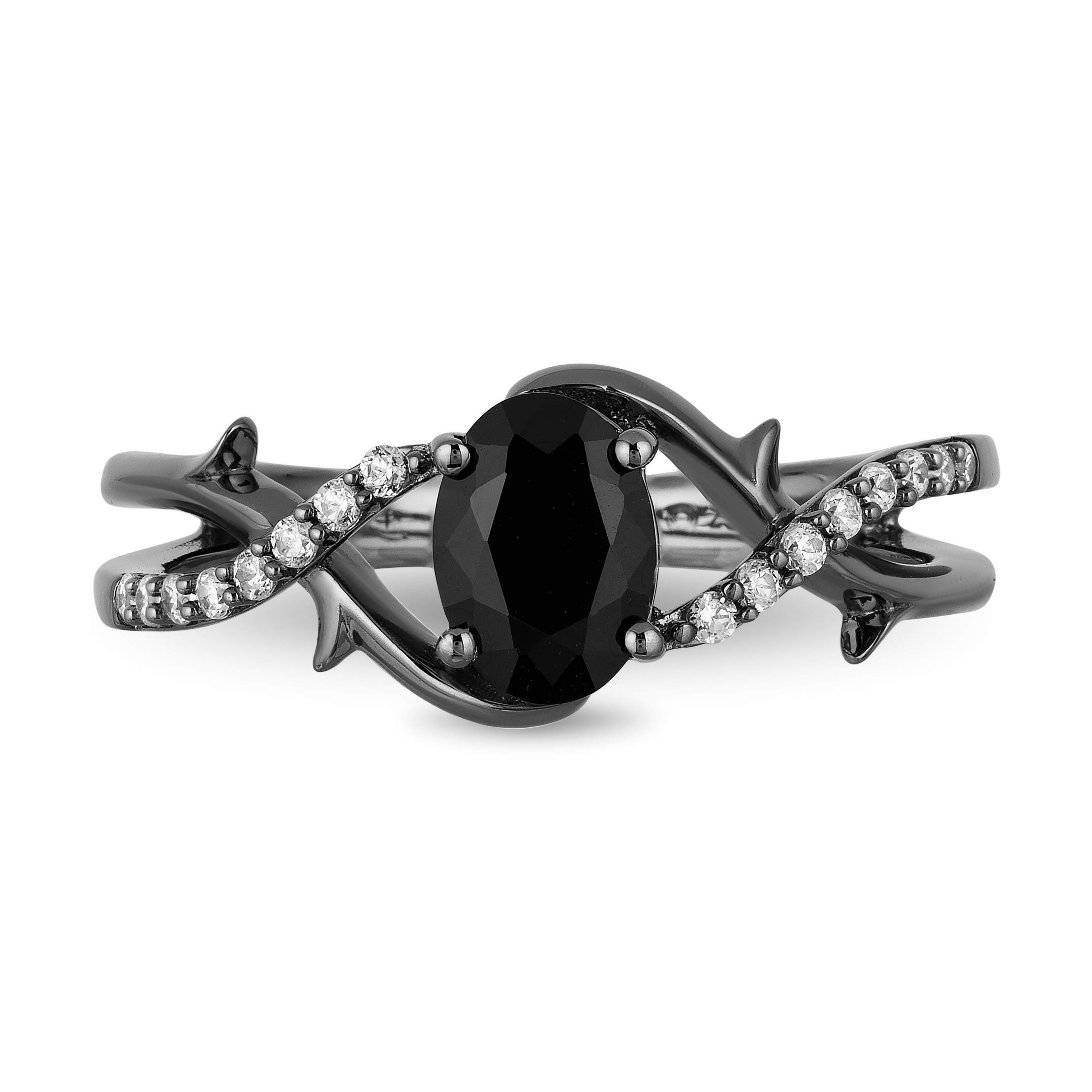 Jewelili Enchanted Disney Fine Jewelry Black Rhodium Over Sterling Silver 7x5MM Oval Black Onyx and 1/10 Cttw Diamonds Maleficent Ring, Size 6