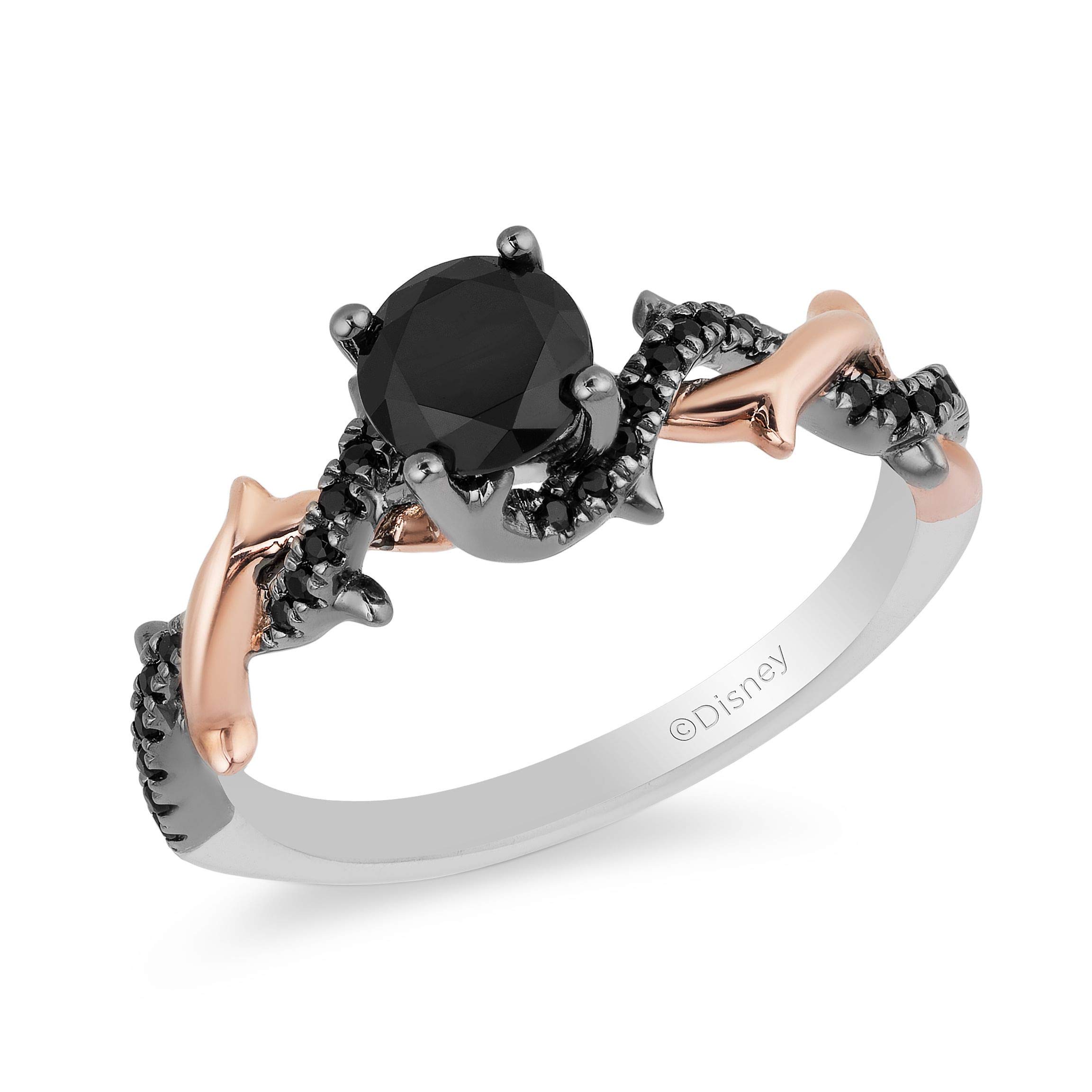 Jewelili Enchanted Disney Fine Jewelry 14K Rose and White Gold with Black Rhodium 9/10 Cttw Black Diamond Maleficent Bridal Ring, Size 6