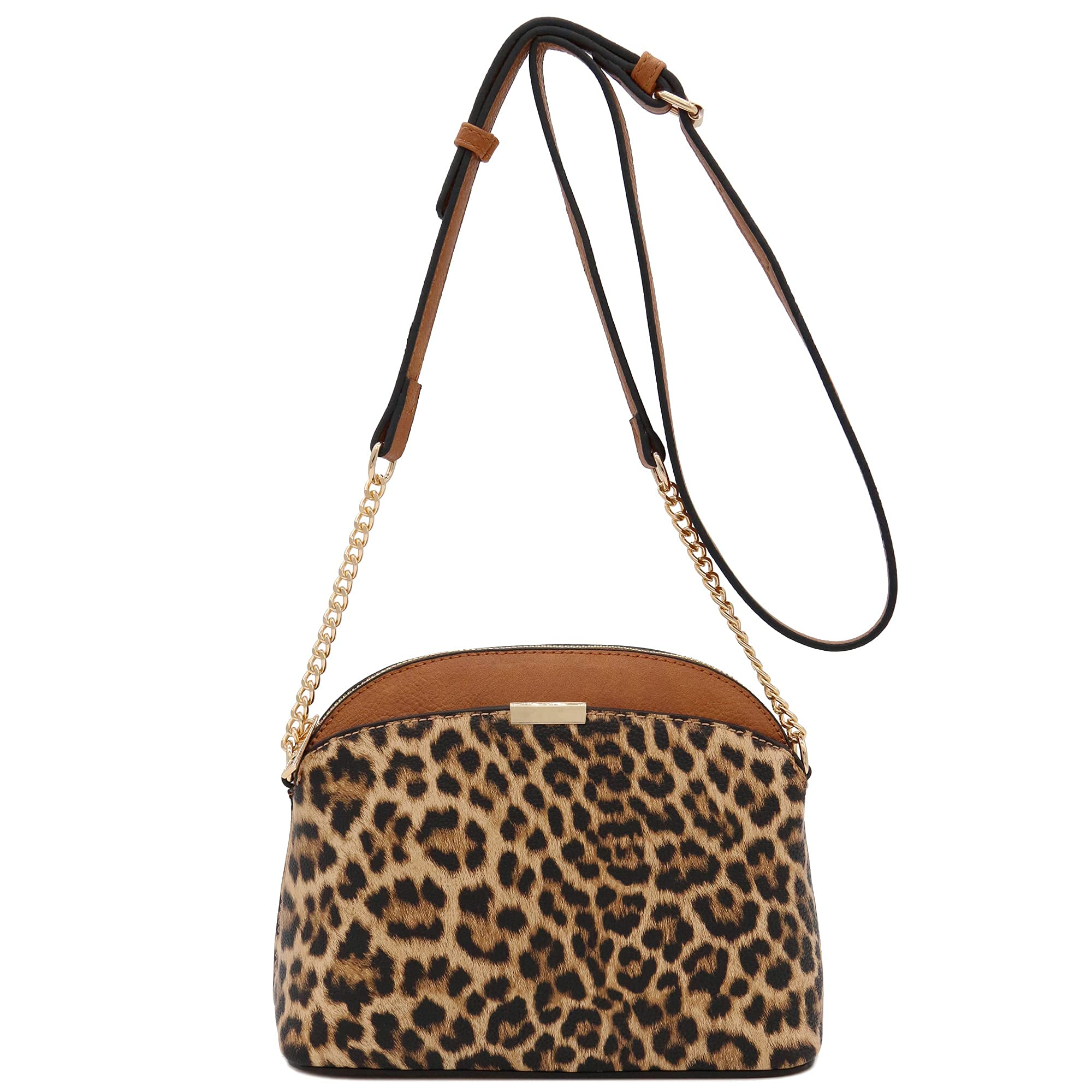 FashionPuzzle Leopard Print Small Dome Crossbody with Chain Strap (Classic Tan/Tan)