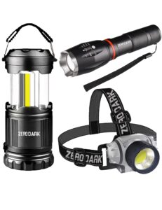 zerodark flashlights headlamp lantern 3-piece set, flashlight + head lamp + camping lantern battery powered led high lumens camping lights flashlights for emergencies